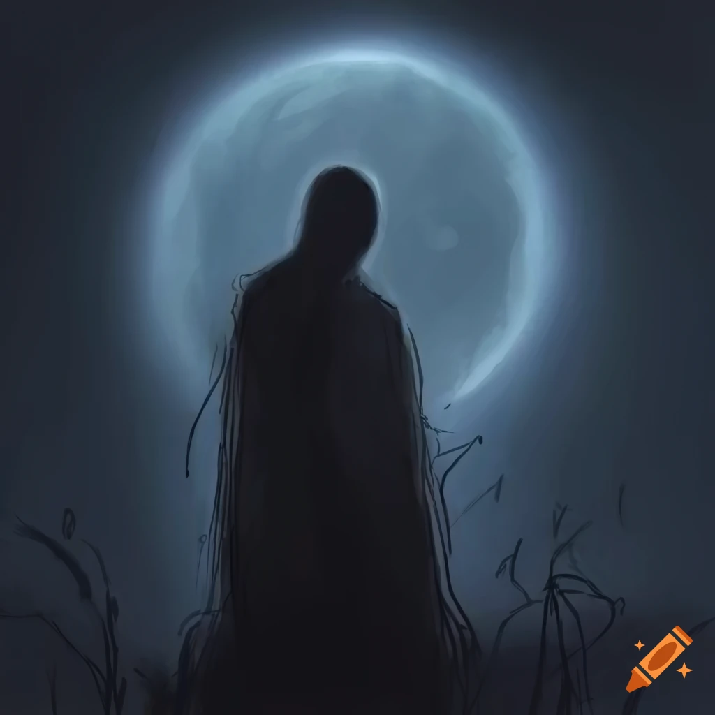 Lone figure standing in misty moonlight with mysterious glowing object ...