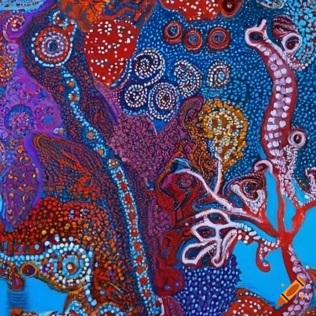 Aboriginal art with cold colors depicting nature on Craiyon