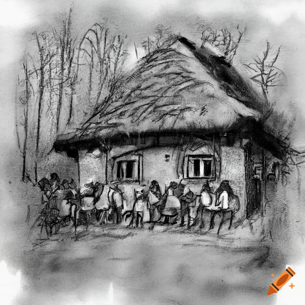 Peasants in front of a cottage house in a Polish village charcoal ...