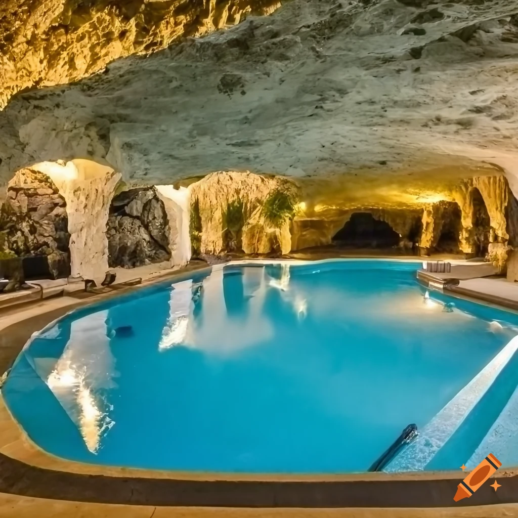 Luxury swimming pool inside a mountain cave with golden lighting on Craiyon