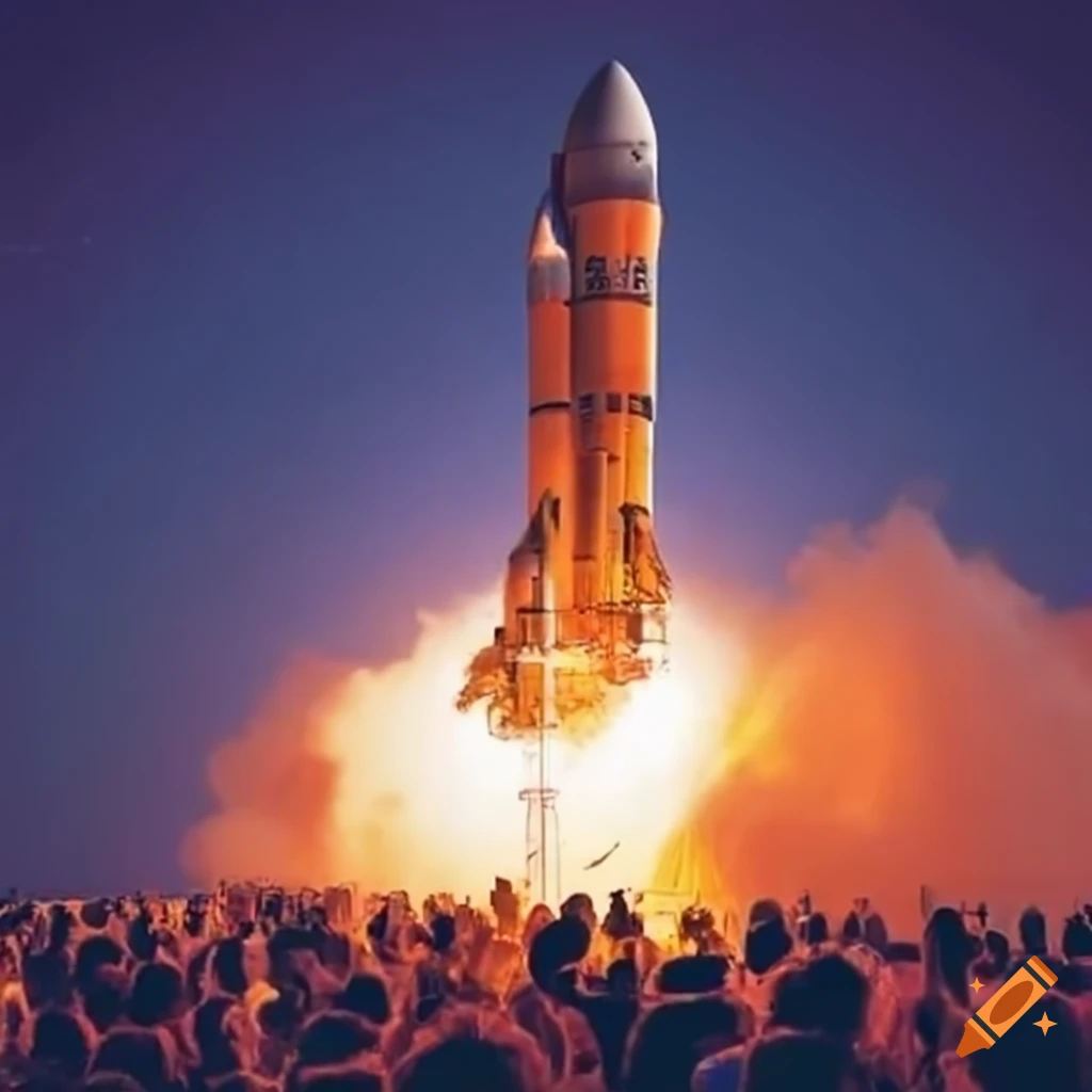 Crowd at launch pad awaiting rocket take off on Craiyon