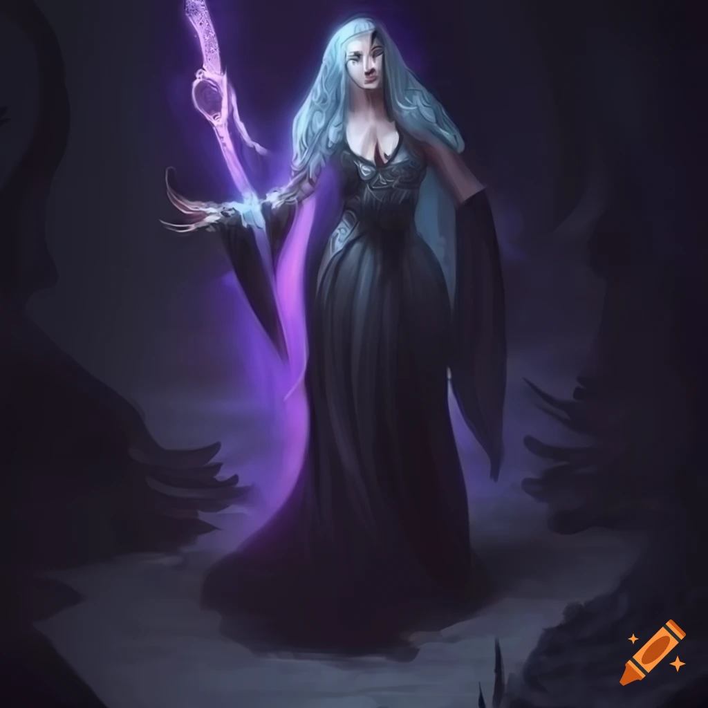 Fantasy sorceress with glowing blade in dark robes amidst shadow and ...