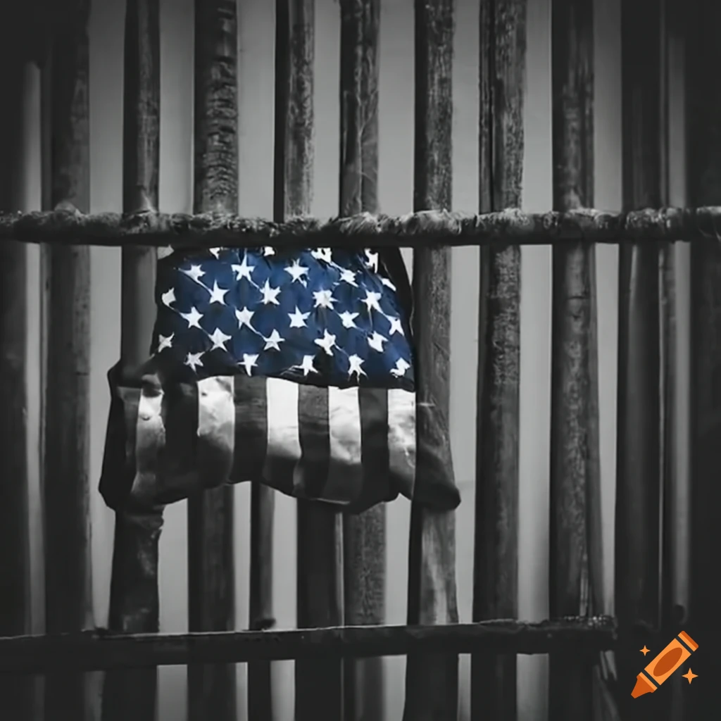 American flag behind black prison bars on Craiyon