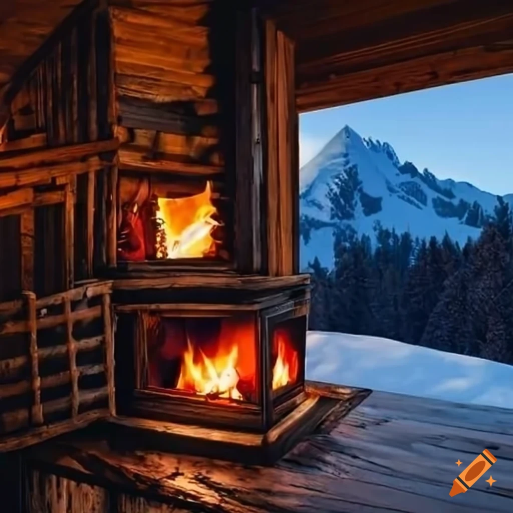 Cozy cabin in snowy mountains with roaring fireplace on Craiyon