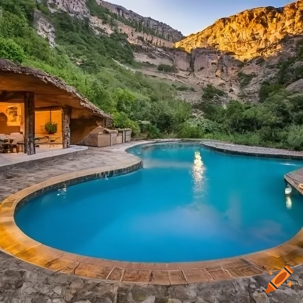 Luxury swimming pool inside a mountain cave with golden lighting on Craiyon