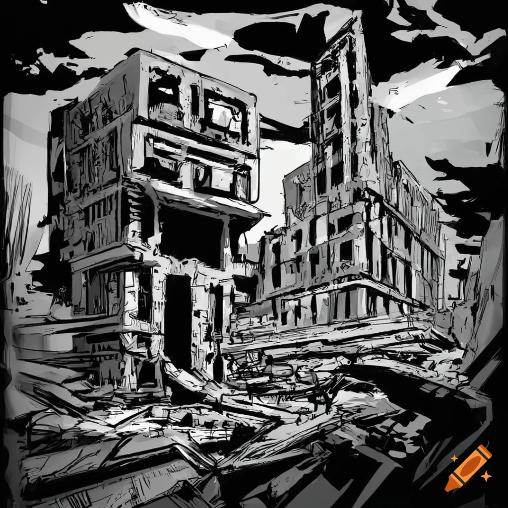 Destroyed city with massive crumbling ruins in a comic book style on ...