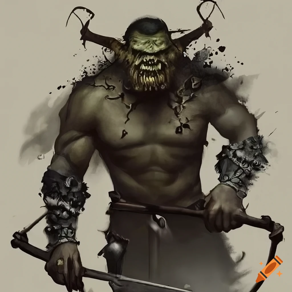 Chinese ink art of an orcish bowmaster in black shadow on Craiyon