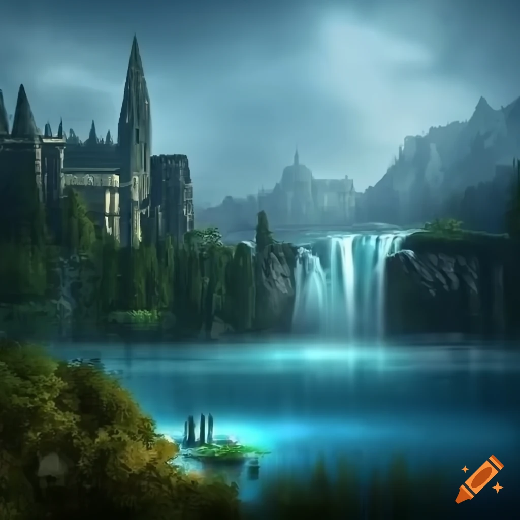 Fantasy city with waterfall and lake on Craiyon