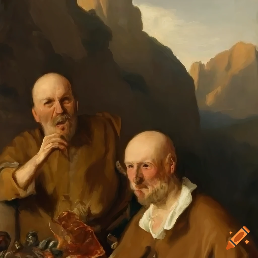 Two men roasting meat over a cliff in a mountainous landscape on Craiyon