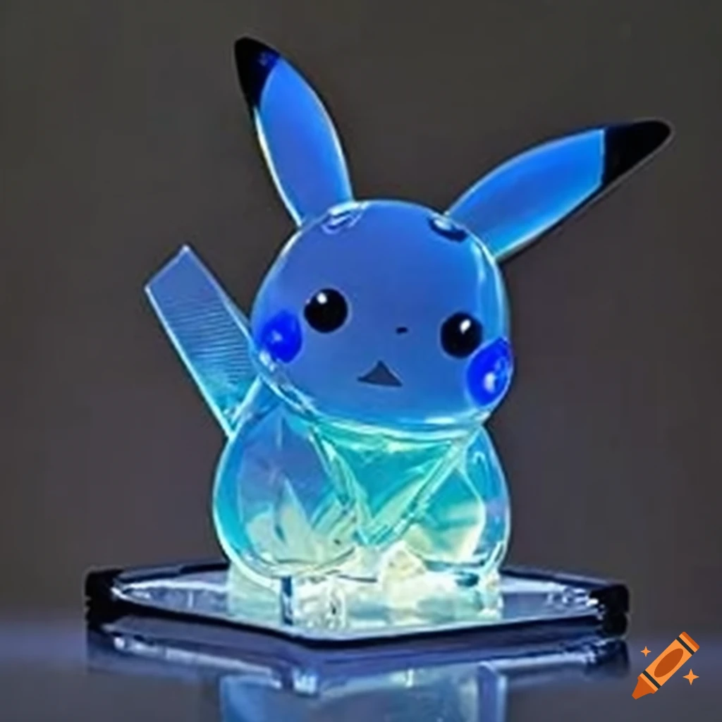 Colorful glass Pikachu sculpture on a table with light reflections on ...
