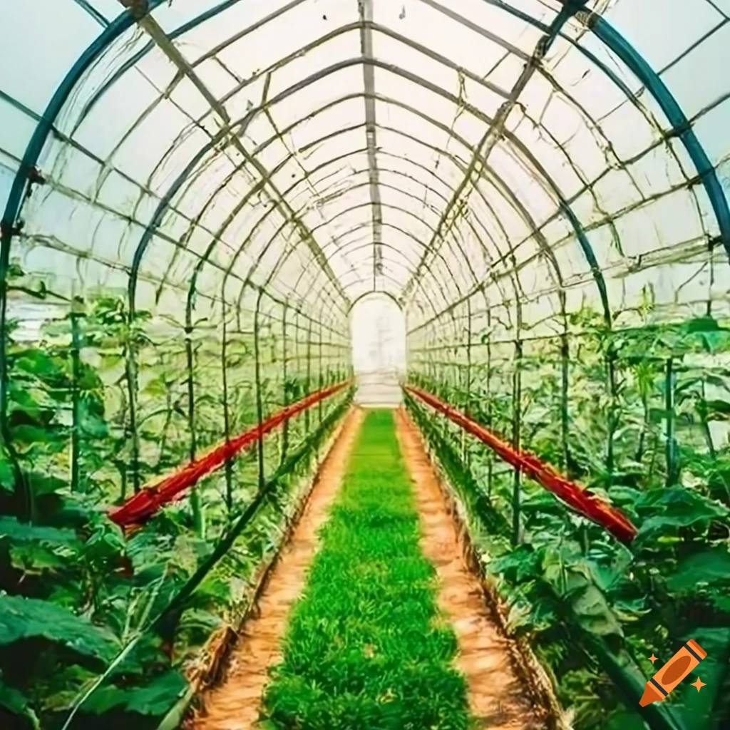 Raspberry plants in a hoop house greenhouse with ripe berries on ...