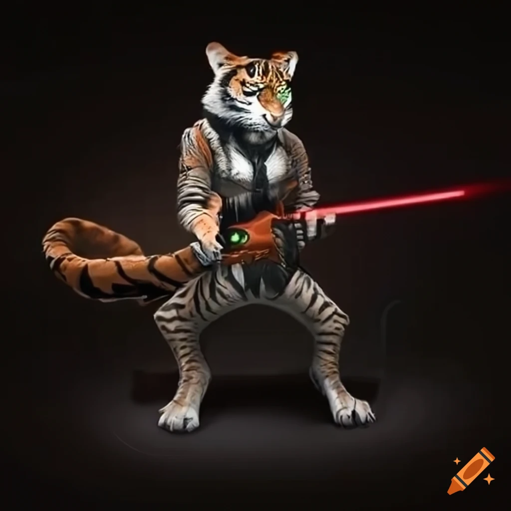 Anthropomorphic tiger with laser gun and laser beam on Craiyon