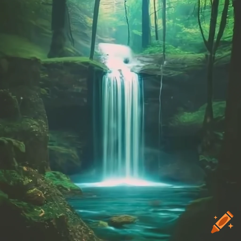 Vhs aesthetic waterfall in a forest on Craiyon