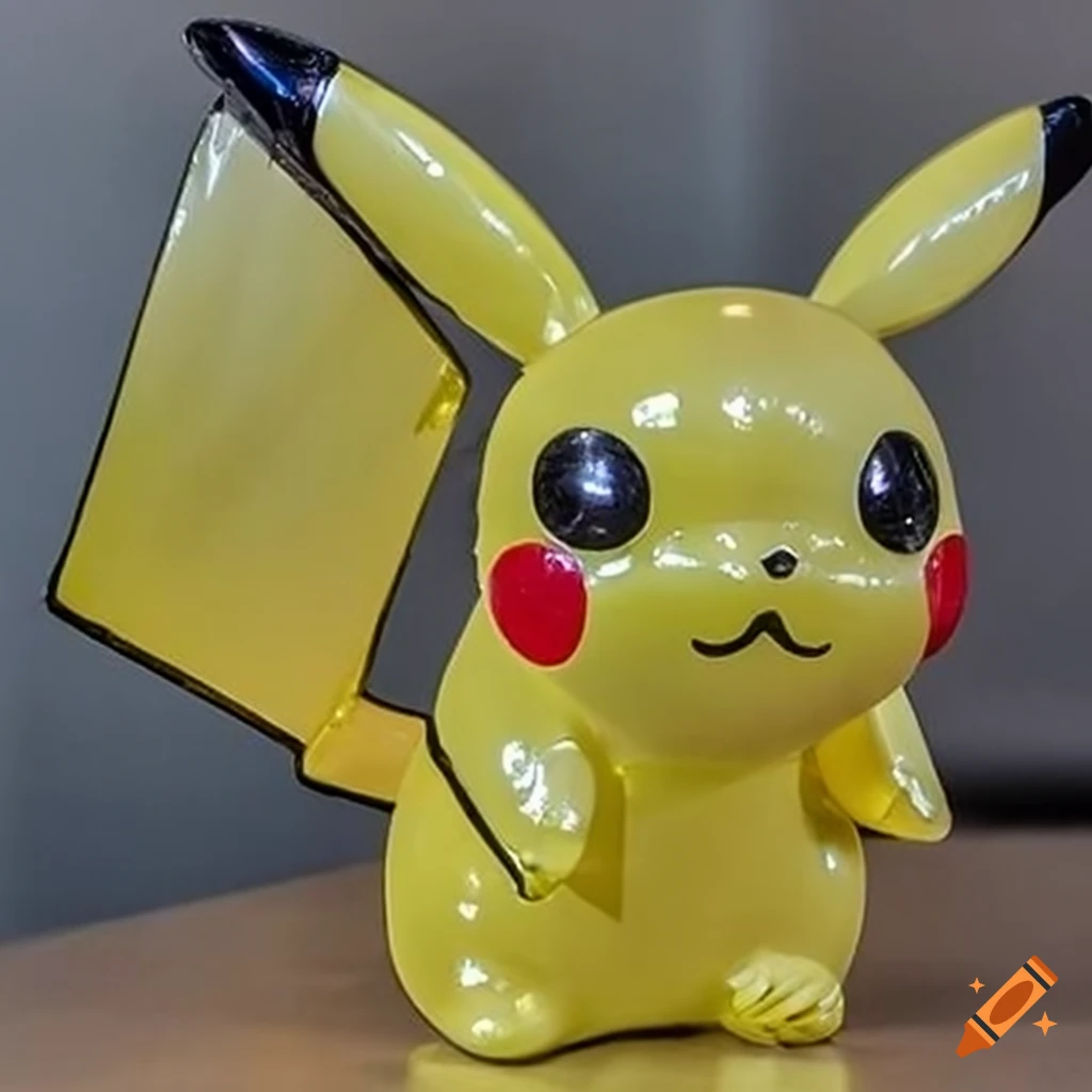 Colorful glass Pikachu sculpture with light reflections on table on Craiyon