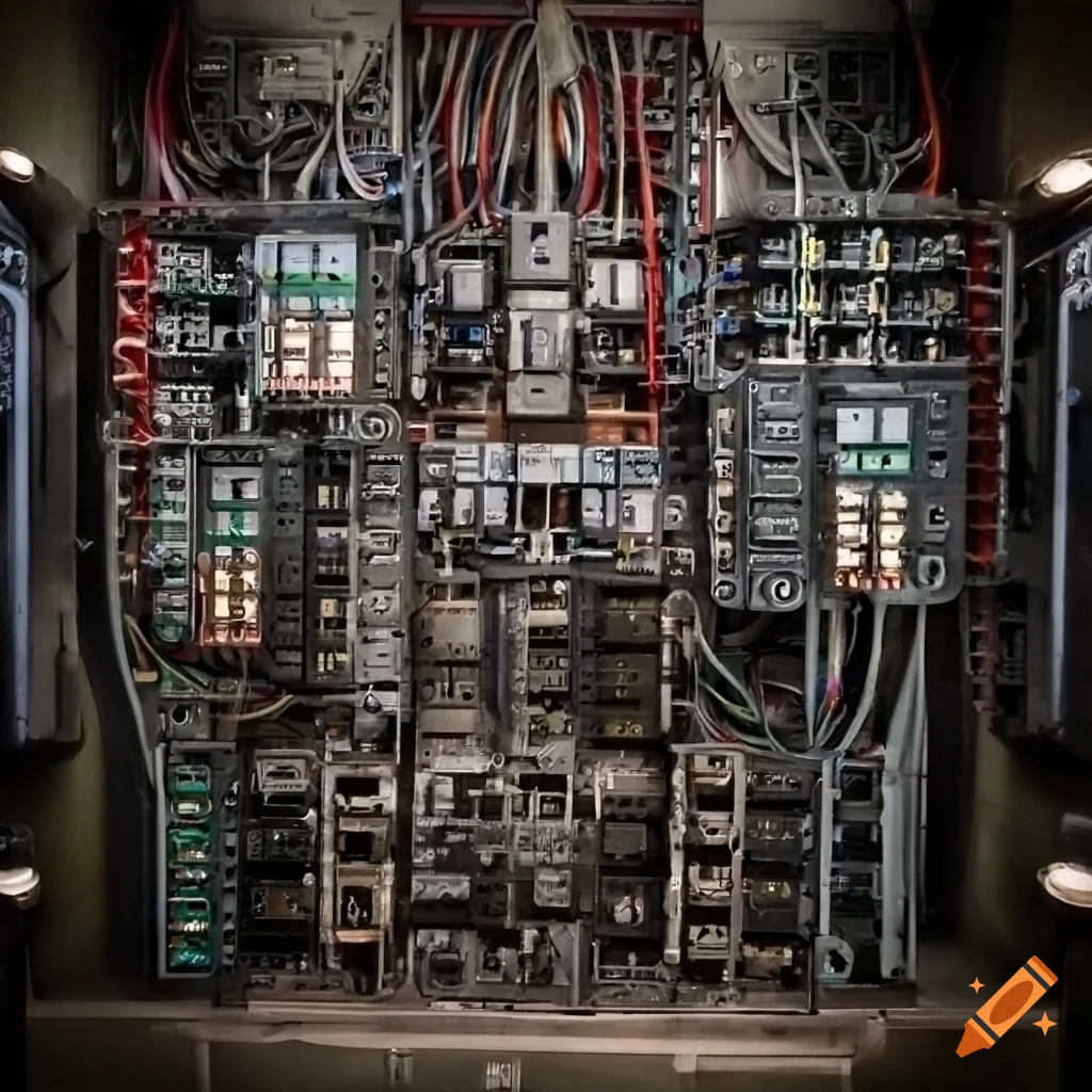 Messy electric power distribution panel with numerous circuit breakers ...
