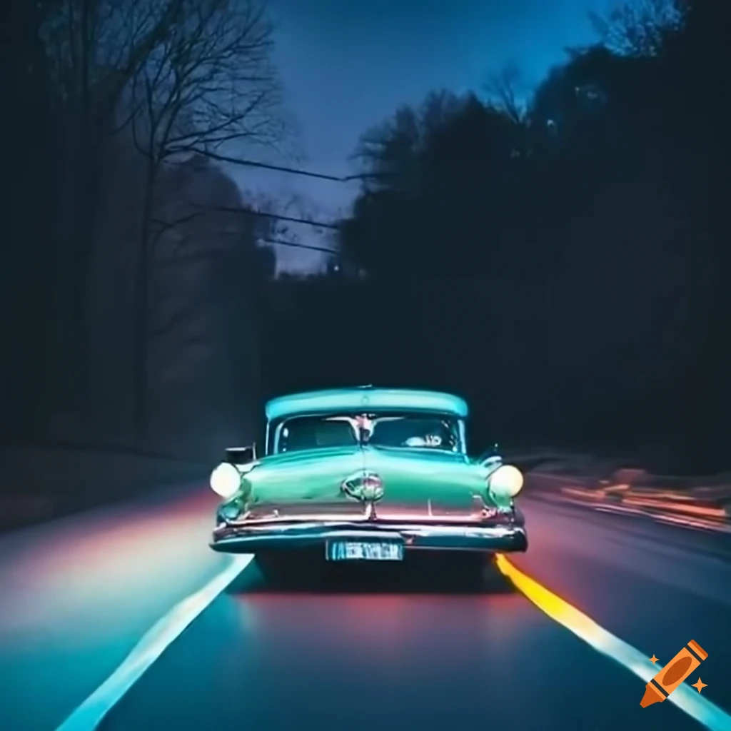 1950s style car driving at night on Craiyon