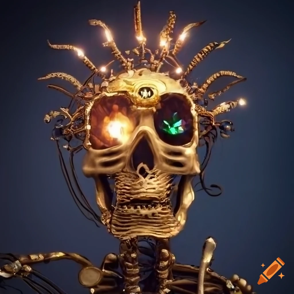 Skeleton plated with gem stones and intricate electrical wiring in a ...