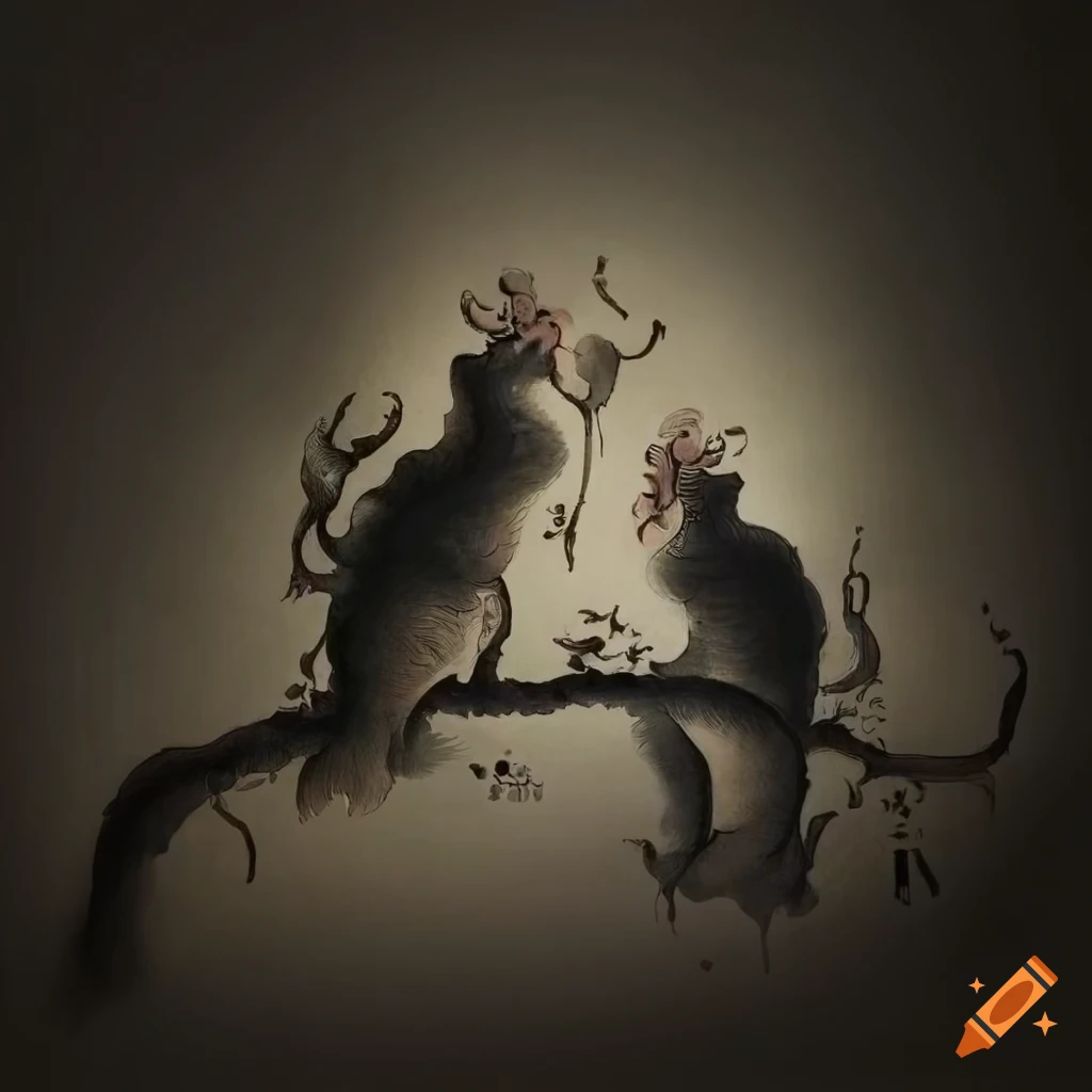 Intricate chinese ink painting of two tone creatures on Craiyon