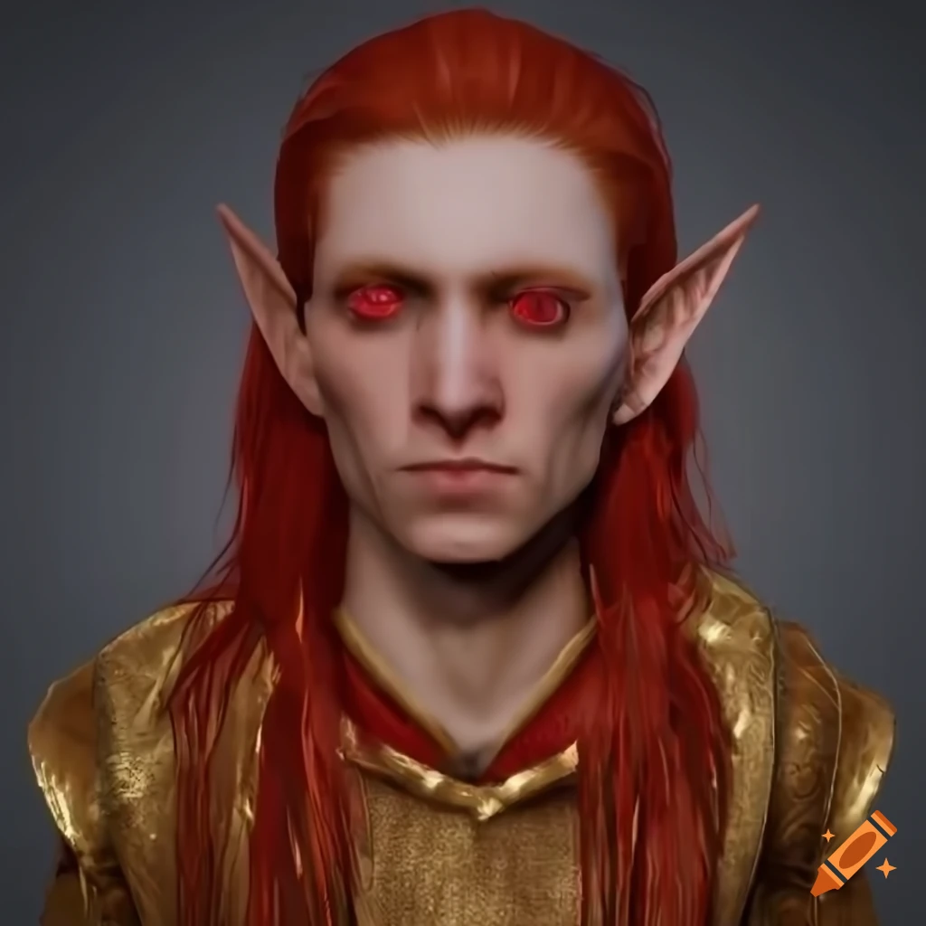 Pale-skinned elf man with red hair and eyes in red-golden cloth against ...