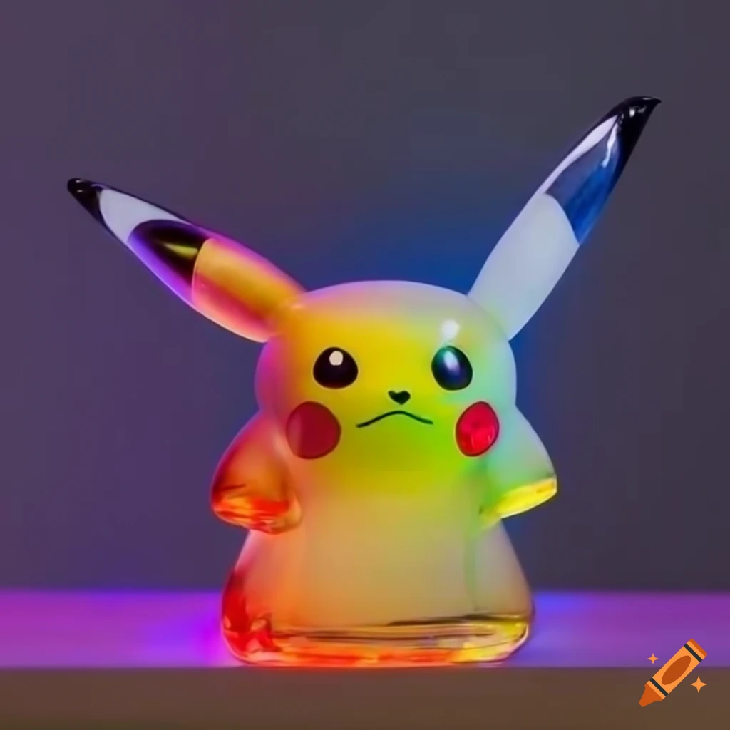 Colorful glass pikachu sculpture on a table with light reflections on ...