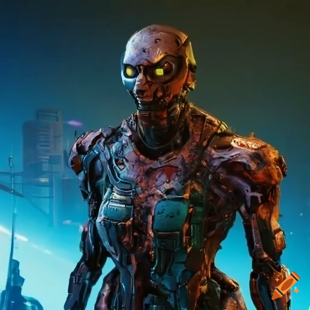 Dark fantasy robot with rust damage inspired by cyberpunk 2077 on Craiyon