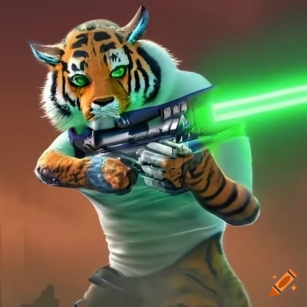 Anthropomorphic tiger with laser gun in a post-apocalyptic wasteland on ...
