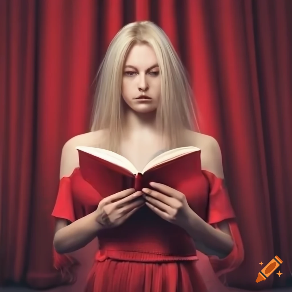 Portrait Of A Blonde Woman Reading A Book In Front Of A Red Curtain On