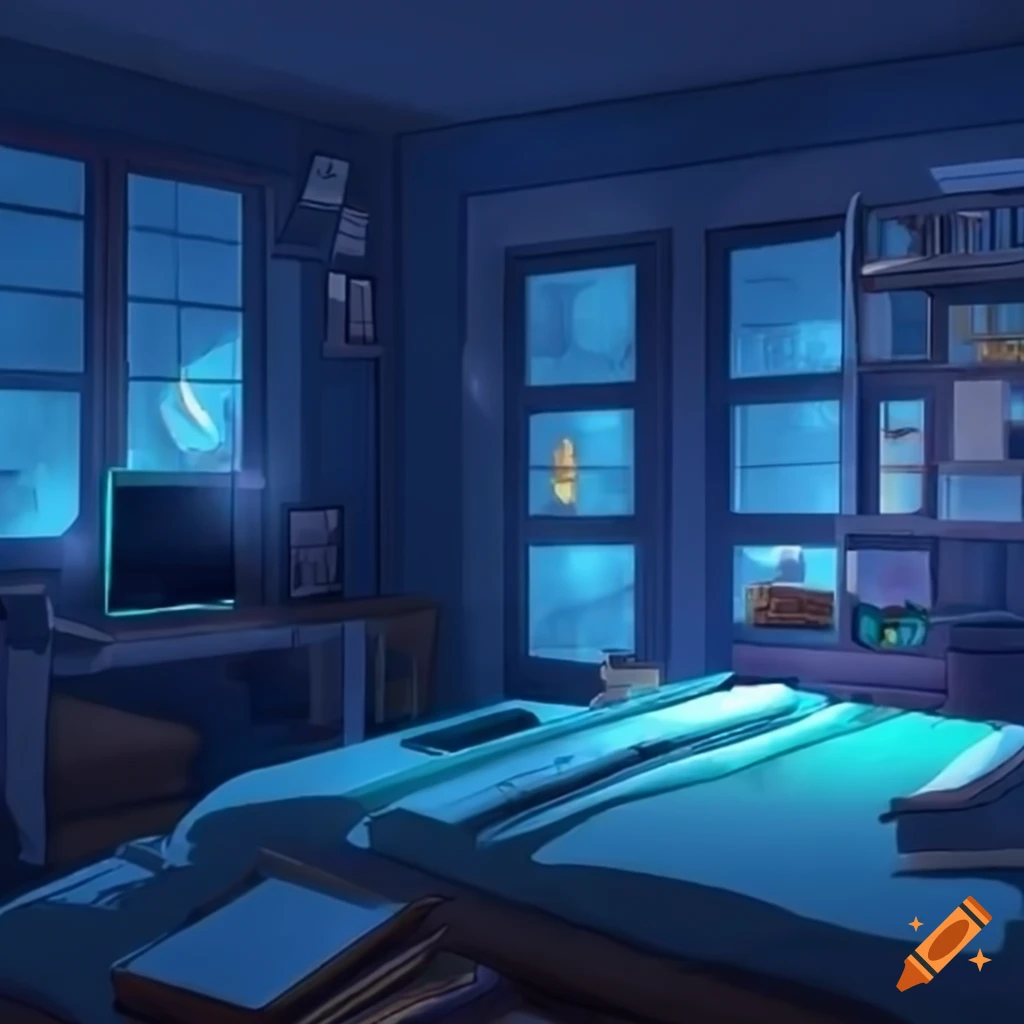 Anime-style room setup with soft night lighting, computer books, and ...