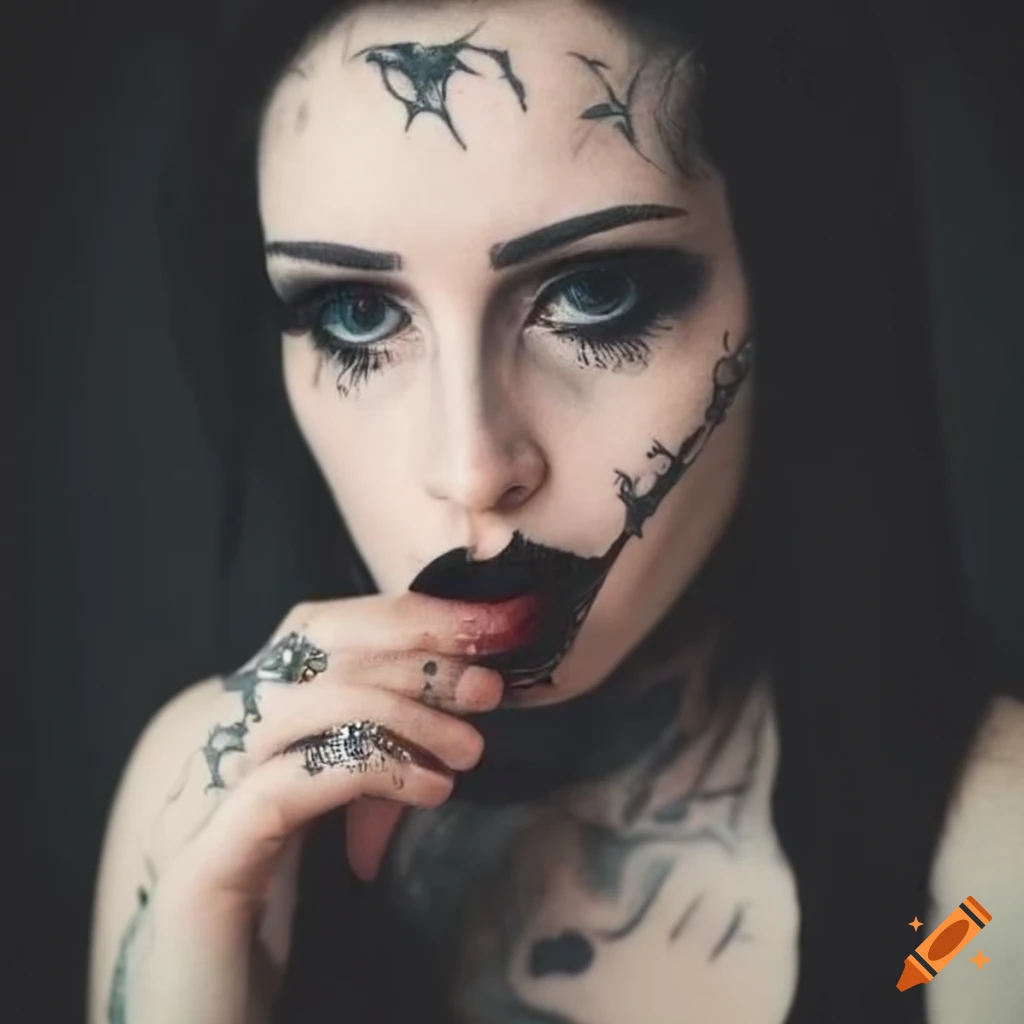 Young gothic woman with nose and mouth piercings, tattooed slim white ...