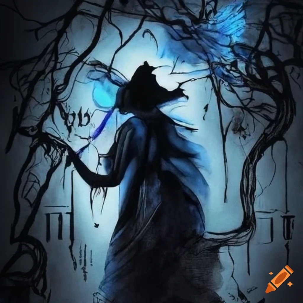 Chinese ink art of a notion thief in black and blue on Craiyon