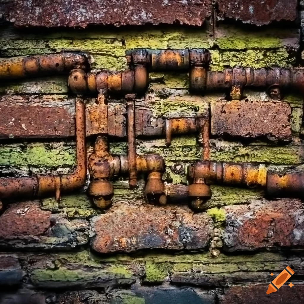 Printed circuit patterns with rusty pipes on mossy brick wall on Craiyon