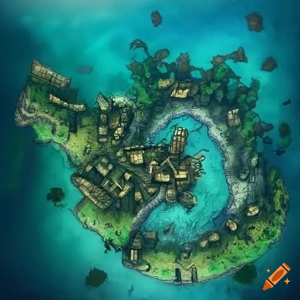 Top-down view of sunken village with lush underwater vegetation in an ...