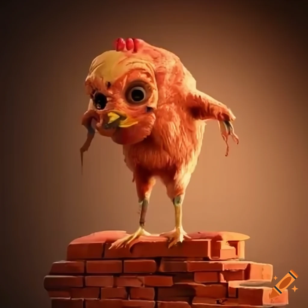Cursed chicken climbing brick wall on Craiyon