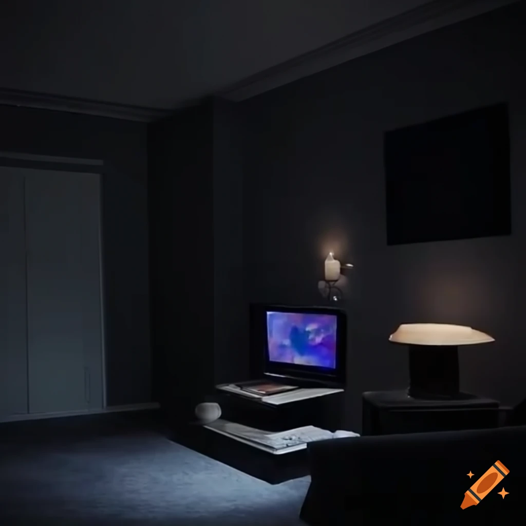 Suburban house interior at midnight with a dark living room featuring a ...