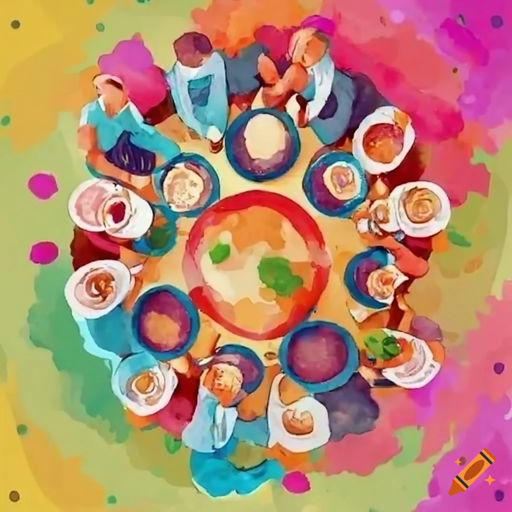 Group preparing multicultural feast in a vibrant kitchen on Craiyon