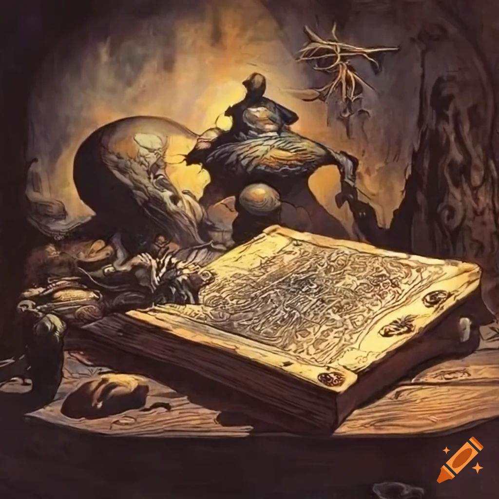 Intricate illustrations of an ancient tome on a wooden table, Frank ...