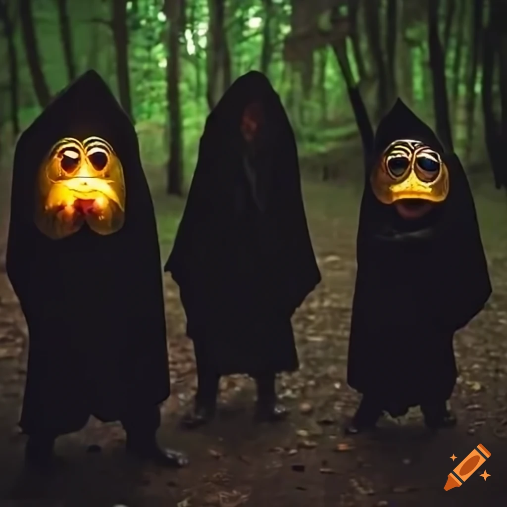 Three human figures with frog faces in dark cloaks in the woods at ...