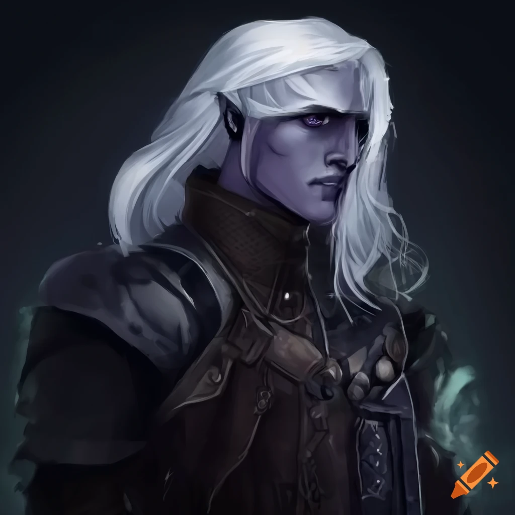 Male Drow with long gray hair and a blindfold in rogue gear on Craiyon