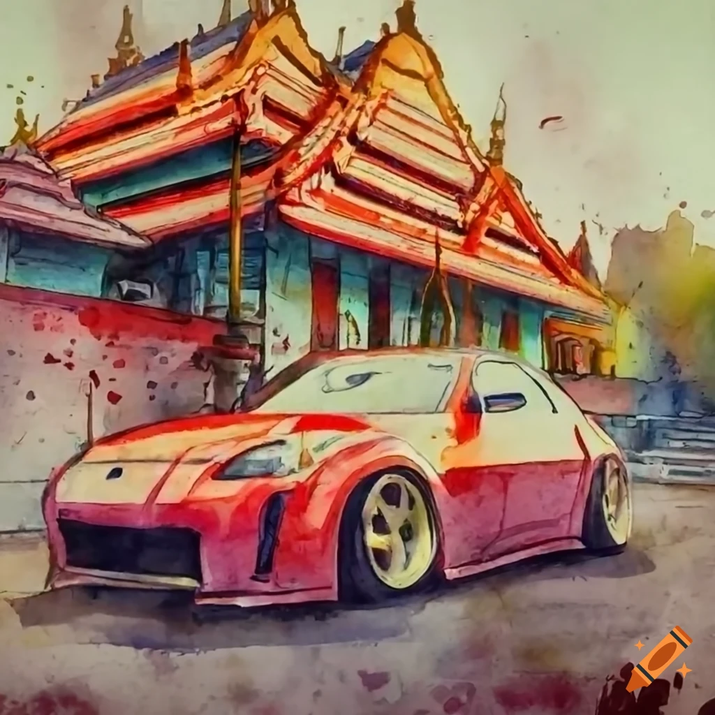 350z car in front of a temple on Craiyon