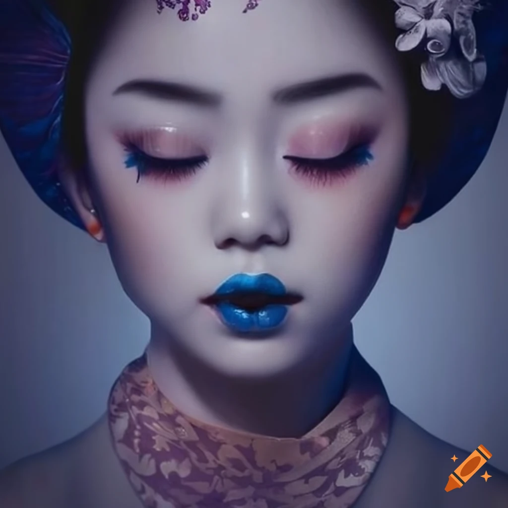 Geisha with closed eyes and blue lips on Craiyon