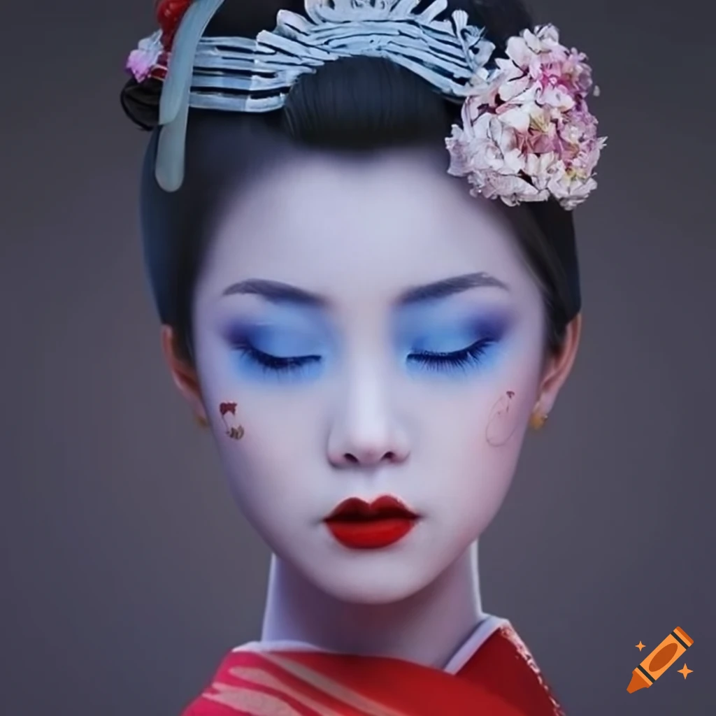 Geisha woman with blue eyes closed on Craiyon