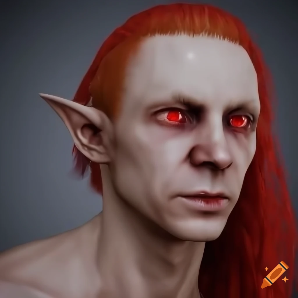 Pale-skinned elf man with red hair and eyes wearing red-golden cloth in ...
