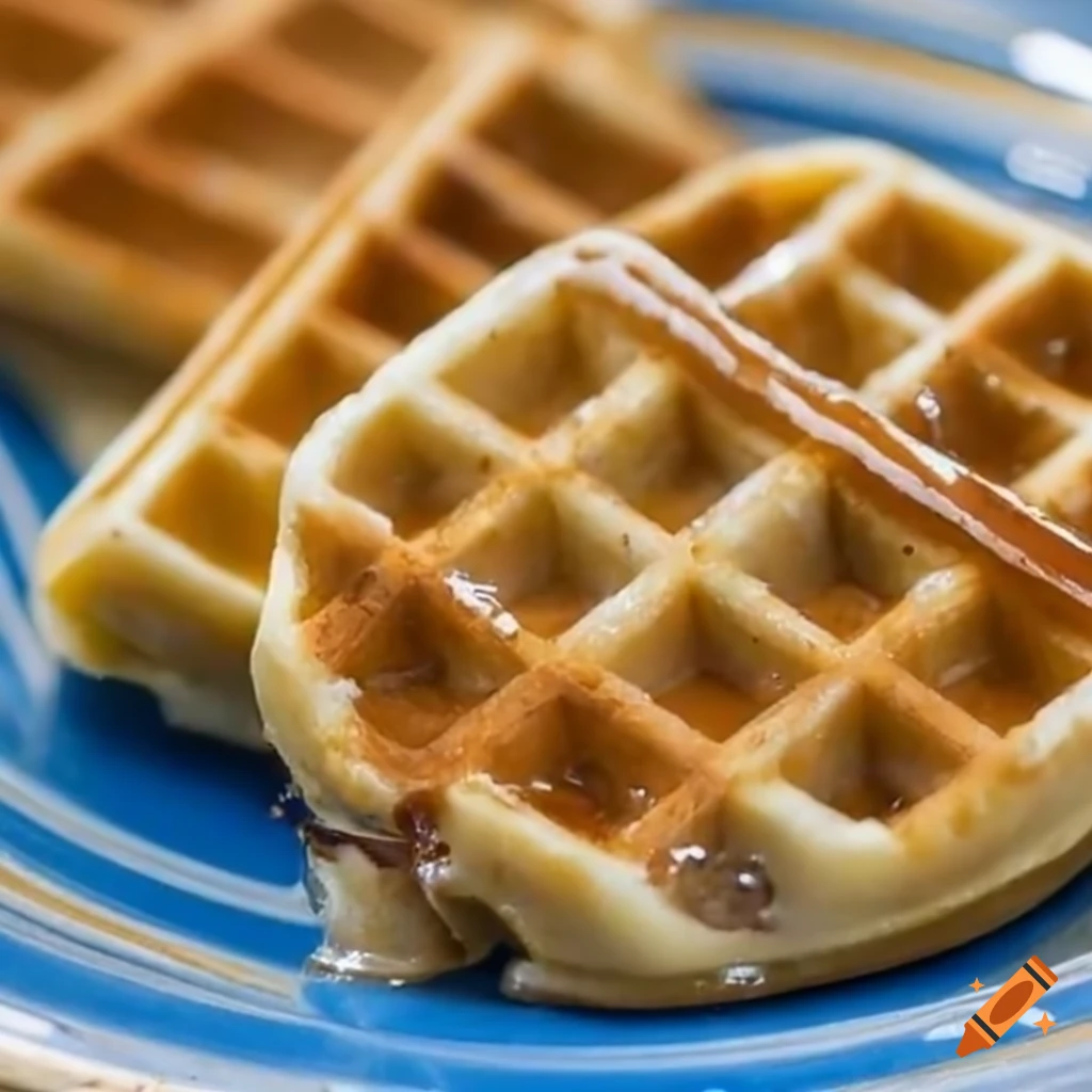 Perfectly stacked waffles with honey on a blue plate in daylight on Craiyon