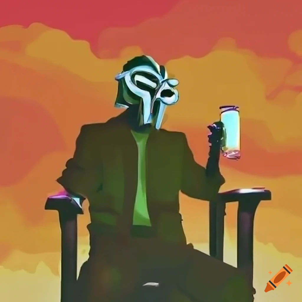 Mf doom sitting on chair enjoying the sunset with a beer on Craiyon