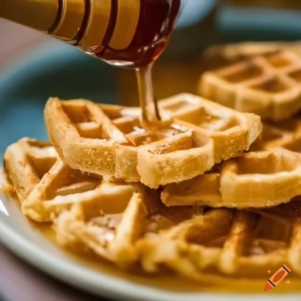 Plate of perfect waffles with dripping honey under daylight on Craiyon
