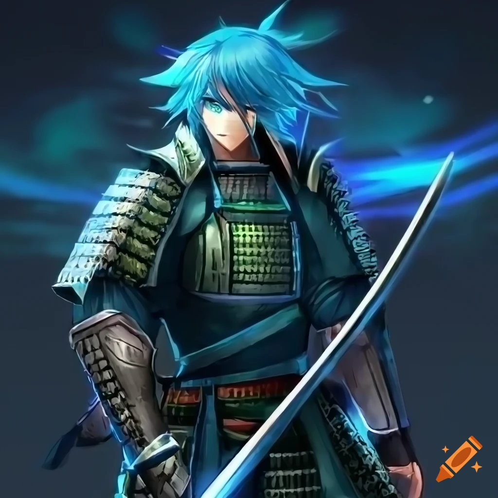 Anime character - young samurai in cyan armor with katana on Craiyon