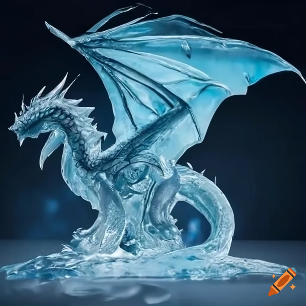 Ice dragon sculpture made from clear ice blocks with sharp icicle teeth ...