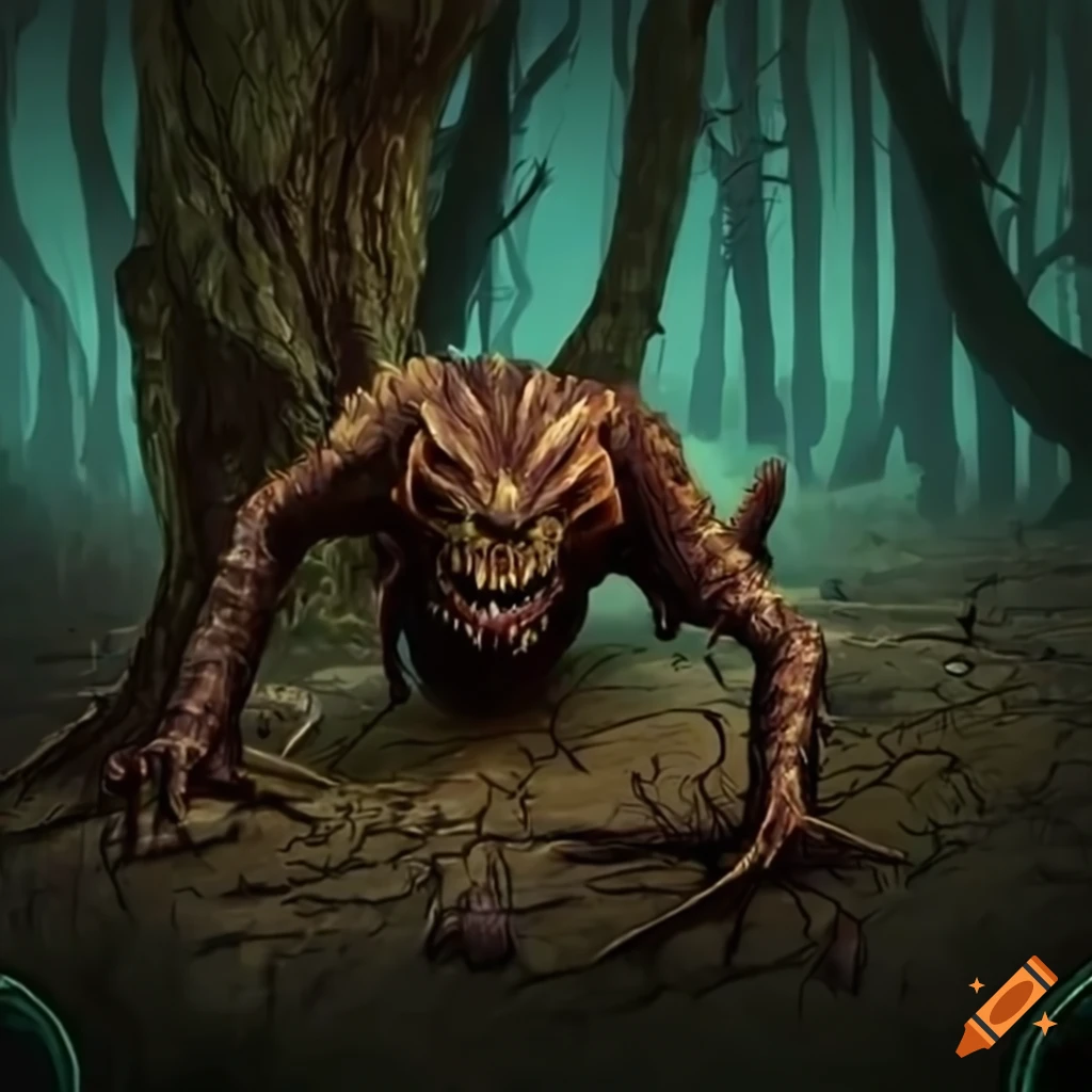 Fantasy insect monster emerging from the ground in a haunted forest on ...