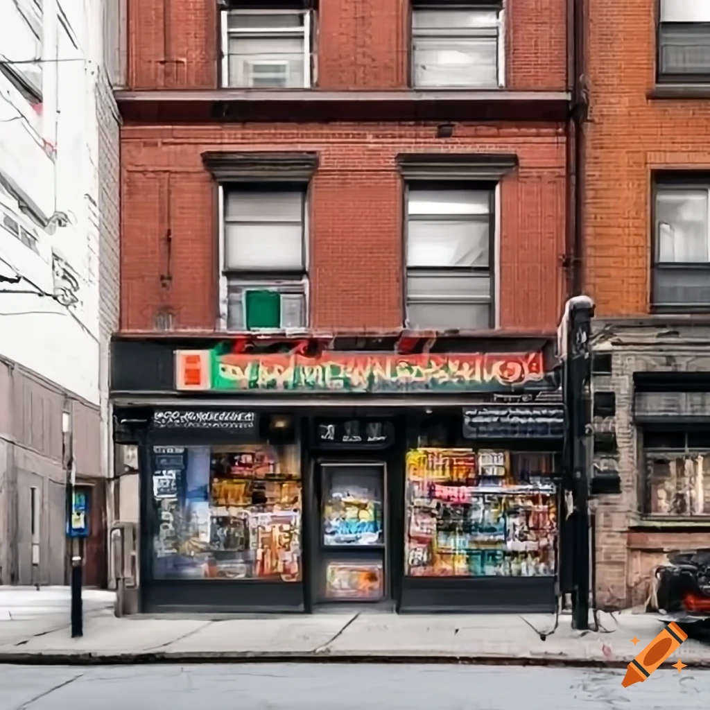 Front-facing facade of a small gritty new york city convenience store ...