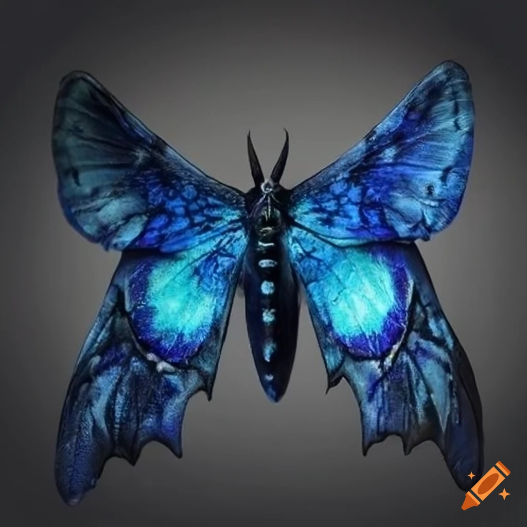 Gothic sapphire blue creature with dark moth wings and cat features on ...